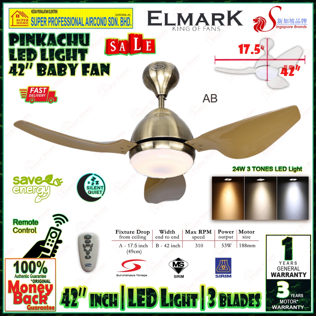 Elmark Ceiling Fan Pinkachu 42 inch Baby Fan with LED Light (3 blades) Remote Control Ceiling ...