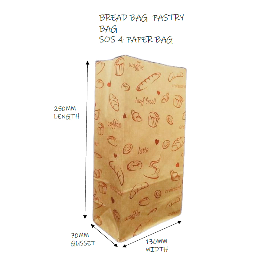 Printed SOS KRAFT PAPER BAG #4 /FOOD STORAGE BAG 牛皮纸袋 PASTRY BAG ...
