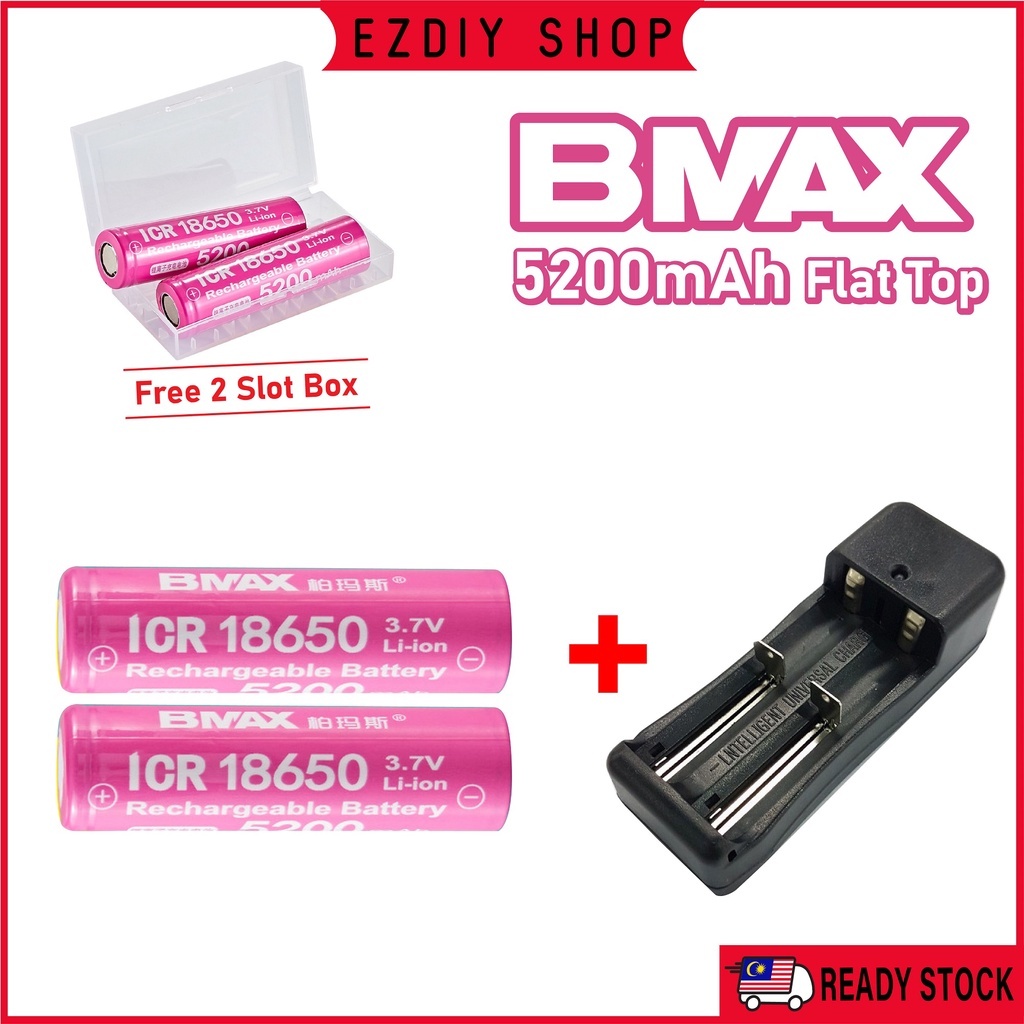 3.7V 18650 5200mAh Bmax Flat Top Rechargeable Li-ion Lithium Battery ...