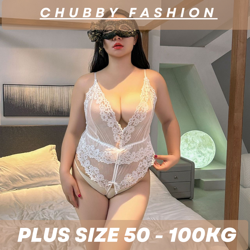 5XL Big Size Baby Doll Sexy Lingerie Bodysuit 100 KG Plus Size Deep V Lace See Through Open ...