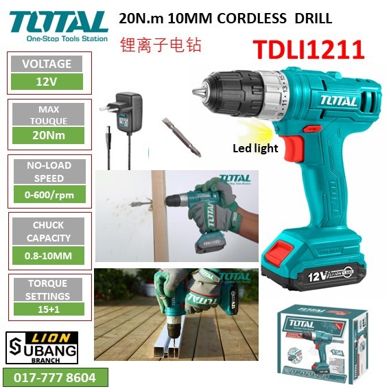 TOTAL Li-ion Cordless Drill TDLI1211 (20Nm) With 15+1 Torque Settings ...