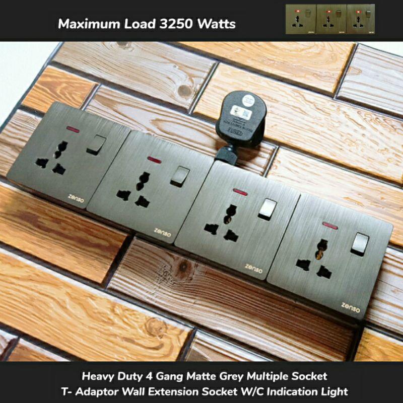 Heavy Duty 4 Gang Matte Grey Multiple Plugs T-Adaptor Wall Extension ...