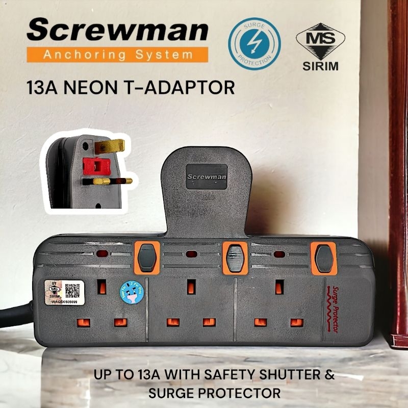Screwman 3 Way 13a T-Adaptor With Sirim With Safety Shutter & Surge ...