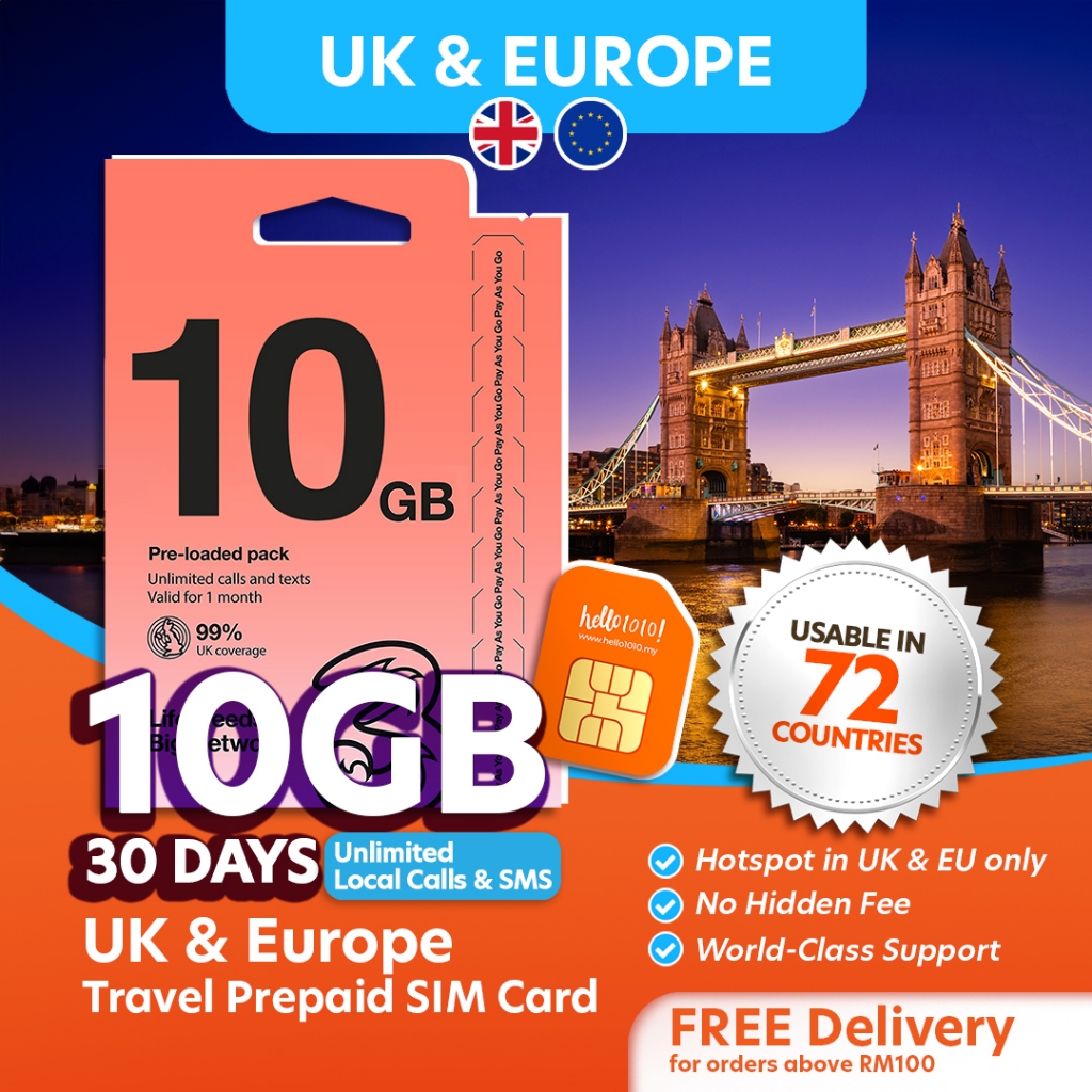 Hello1010 UK & Europe 72 Countries Three Travel Prepaid Plan 10GB (6GB ...