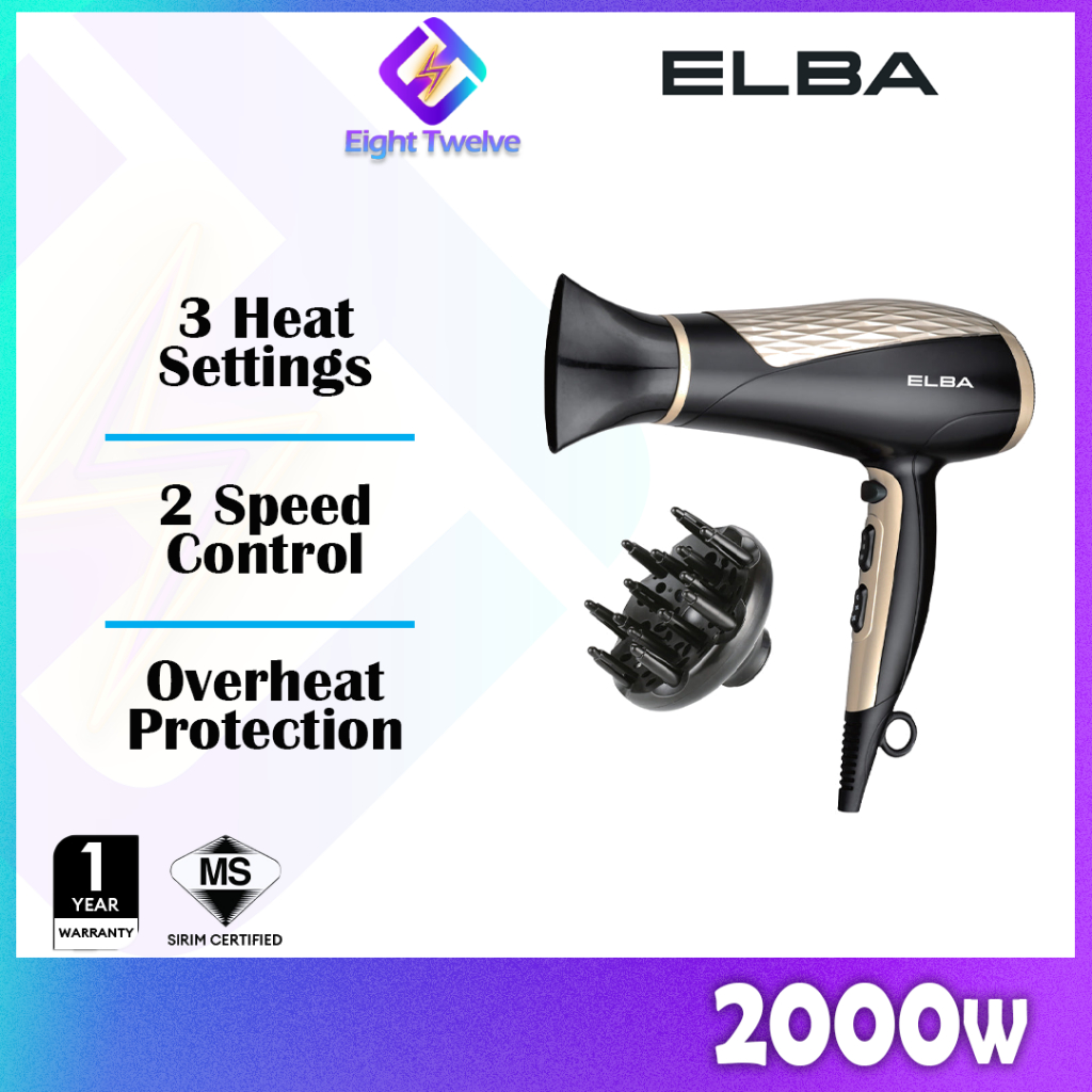 ELBA Hair Dryer with Big Diffuser and Concentractor | 3-heat & 2-Speed ...