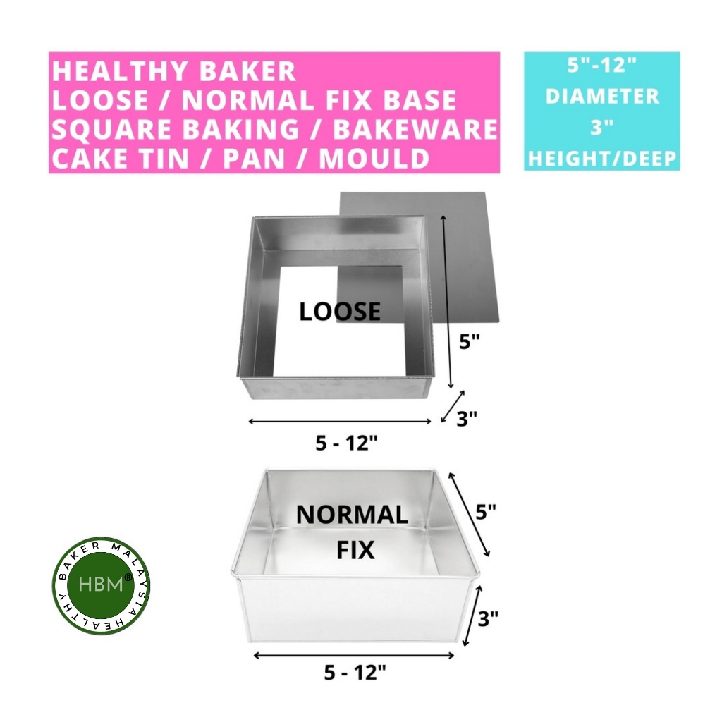 Loose/Normal Fix Base Square Aluminium Deep Baking Cake Tin 5''-12'' x ...