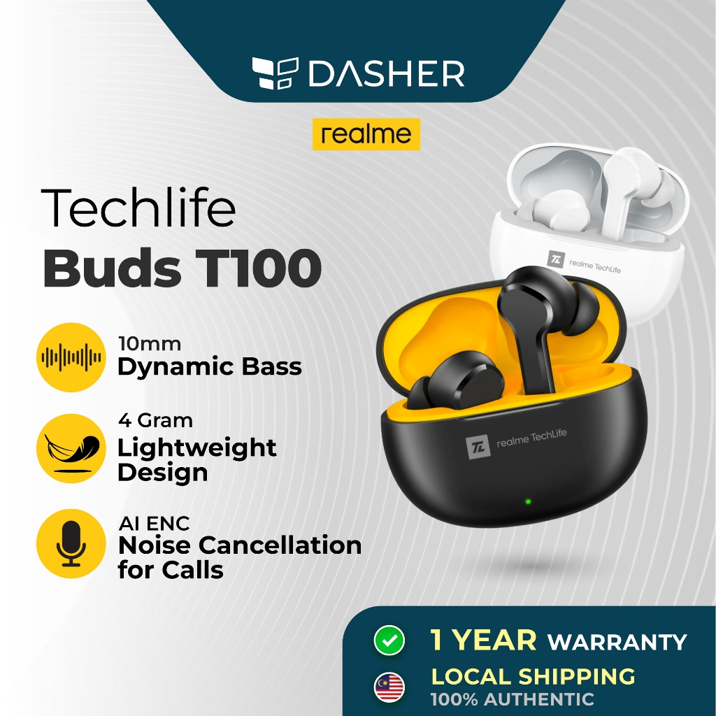 realme Techlife Buds T100 TWS Wireless Earphones 5.3 Bluetooth In-Ear ...