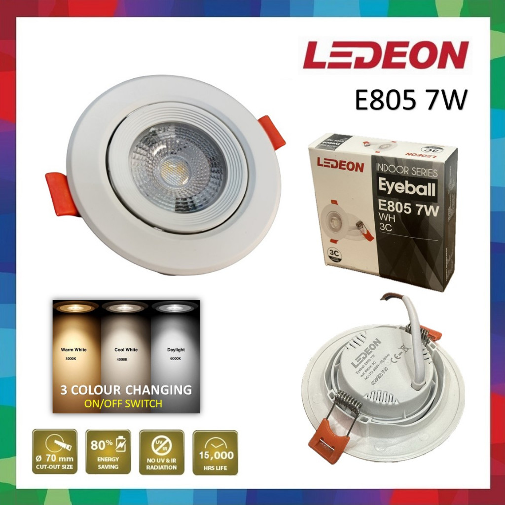 LEDEON 3 Colour 7W Led Eyeball Recessed Downlight Round Changing 6500K ...