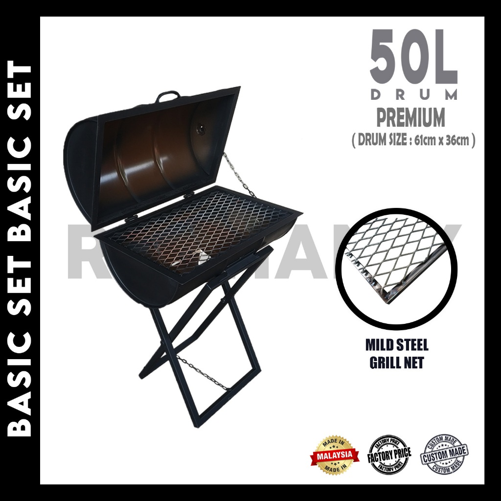 BBQ Grill Outdoor Drum Set Tong Drum 50L BBQ Set Complete With Mild Steel Grill Net Medium Size ...