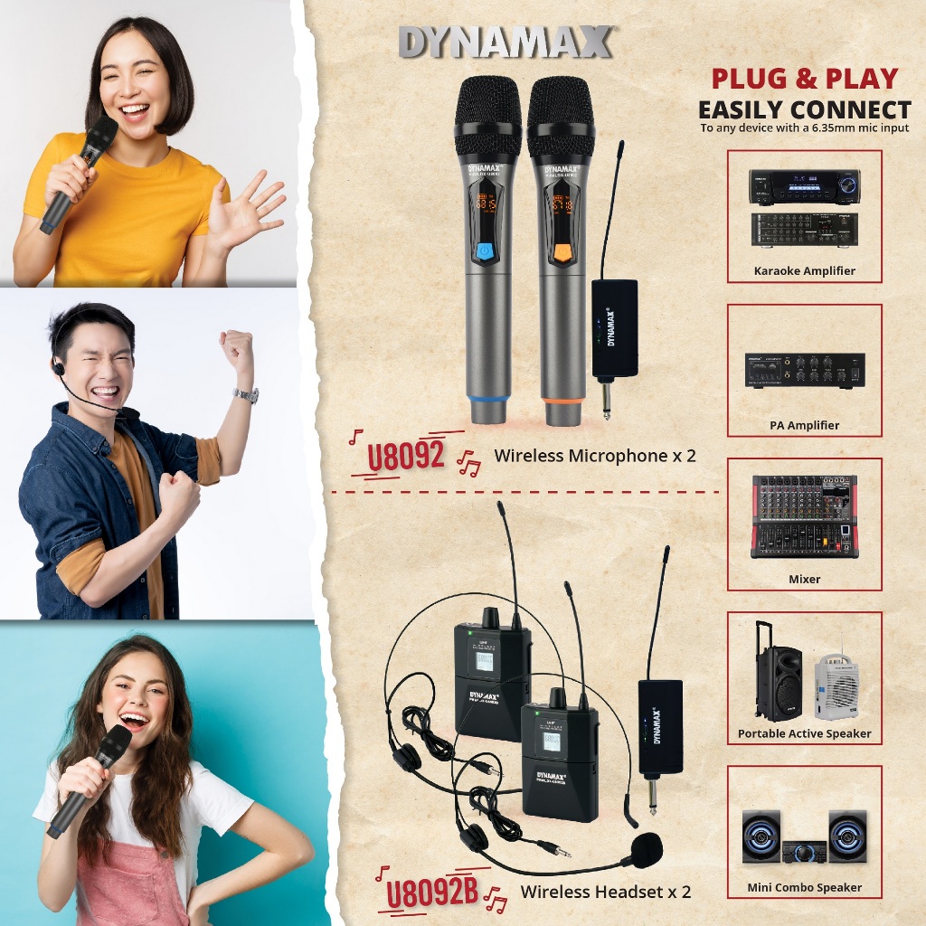 DYNAMAX U8092 Dual UHF Wireless Handheld Microphone or Bodypack Headset ...
