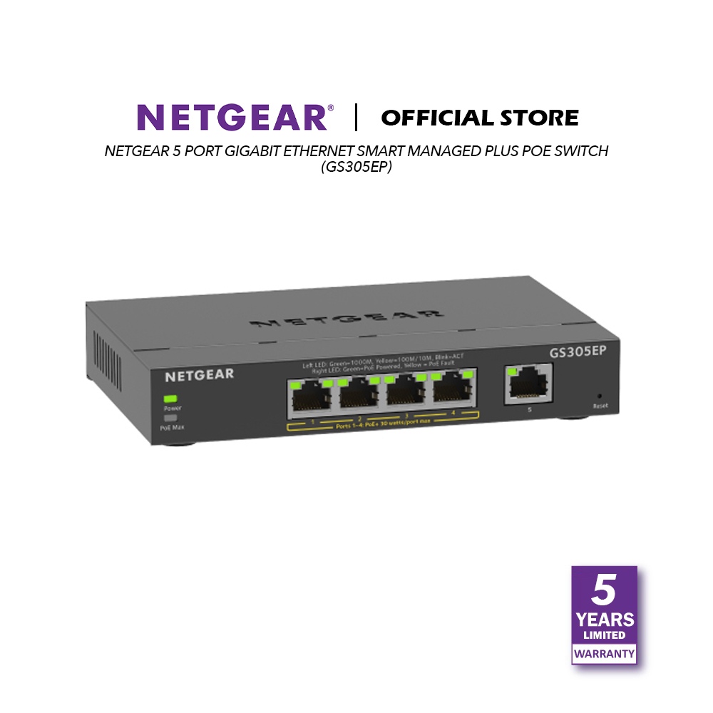 Netgear 5 Port Gigabit Ethernet Smart Managed Plus PoE Switch (GS305EP ...