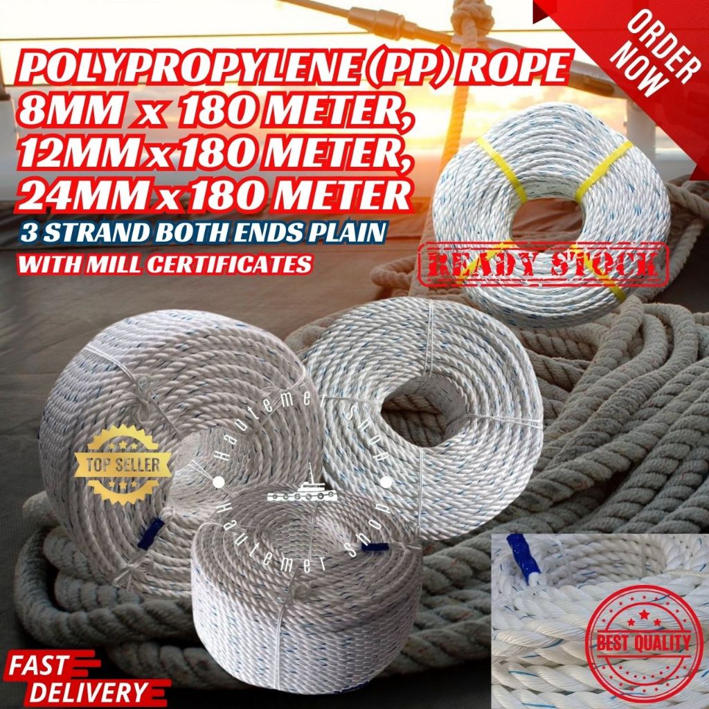 Marine Polypropylene Rope/ PP Rope 8mm, 12mm, 24mm x 180 Meter (Roll ...