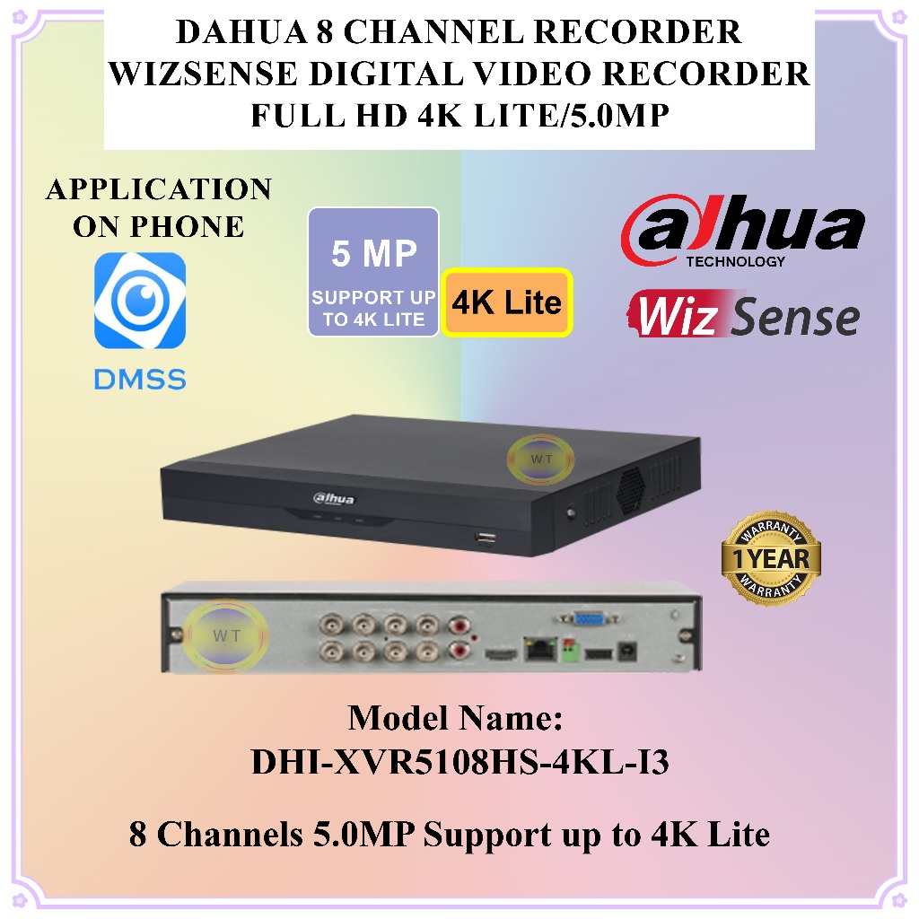 Dahua XVR5108HS-4KL-I3 8 Channels Penta Brid 4K-N/5MP Compact 1U 1HDD WizSense 4K Digital Video ...