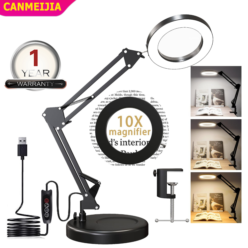 10X Magnifying Glass Desk Lamp Magnifier LED Lights Foldable With Three ...