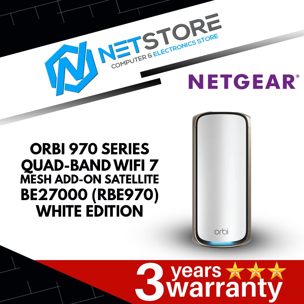 NETGEAR ORBI 970 SERIES QUAD-BAND WIFI 7 MESH ADD-ON SATELLITE BE27000 ... NETGEAR ORBI 970 SERIES QUAD-BAND WIFI 7 MESH ADD-ON SATELLITE BE27000 ...