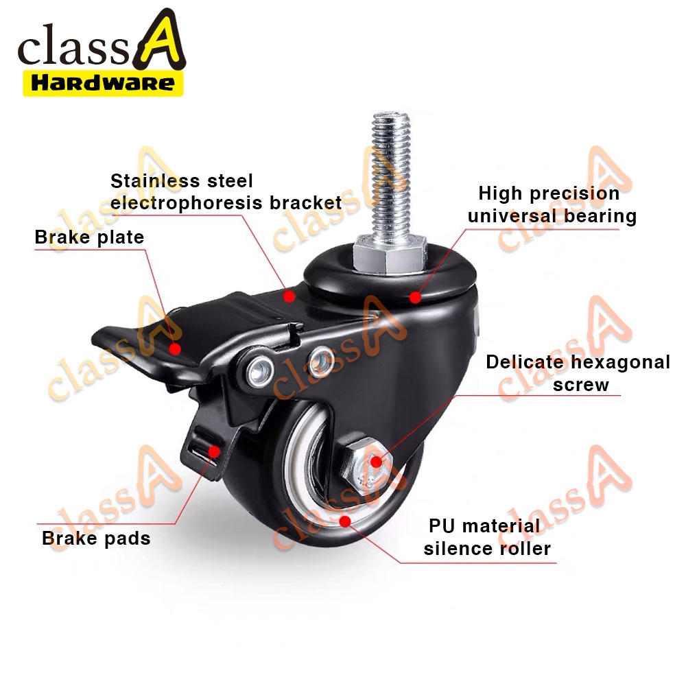ClassAHW Black PU Heavy Duty Swivel Rigid Brake Caster Roller M8 M10 ...