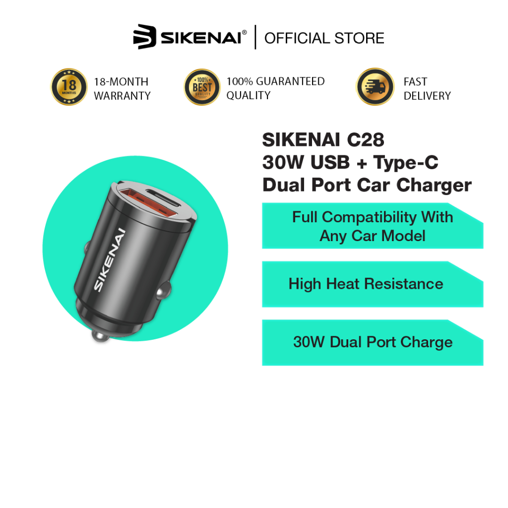 SIKENAI C28 30W USB + Type-C Dual Port Fast Charge Car Charger High ...