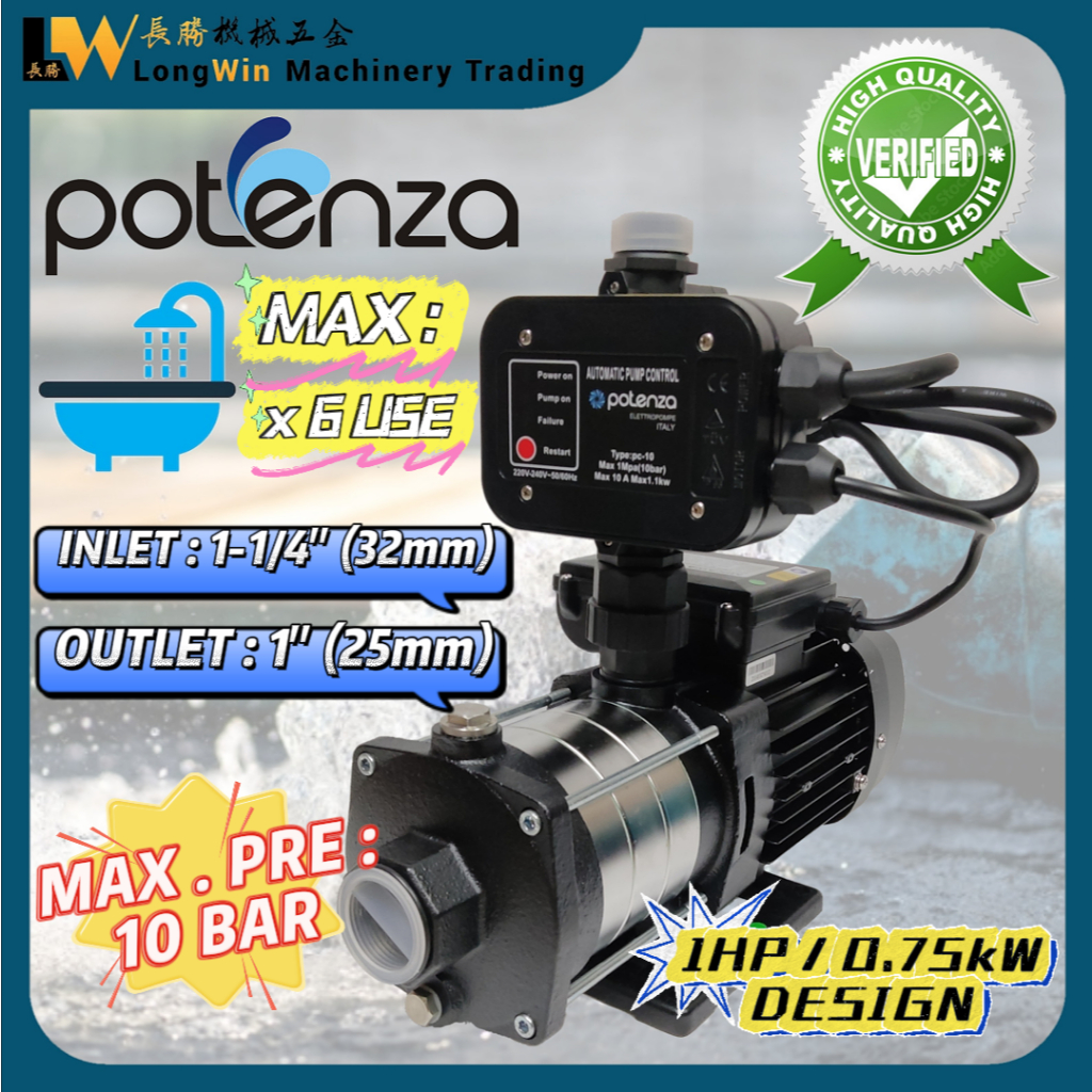 POTENZA CMH4-40 1HP Stainless Steel Design Automatic Booster Pump Water ...