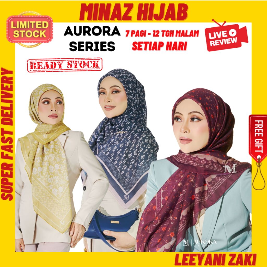 Minaz Hijab Bawal Printed Aurora Series Premium Cotton Voile Bidang 45 ...