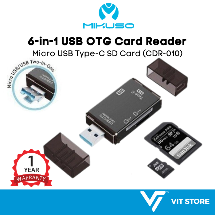 Pembaca Kad 6-dalam-1 Mikuso CRD-010 USB 2.0 + USB Mikro Jenis C Multi ...