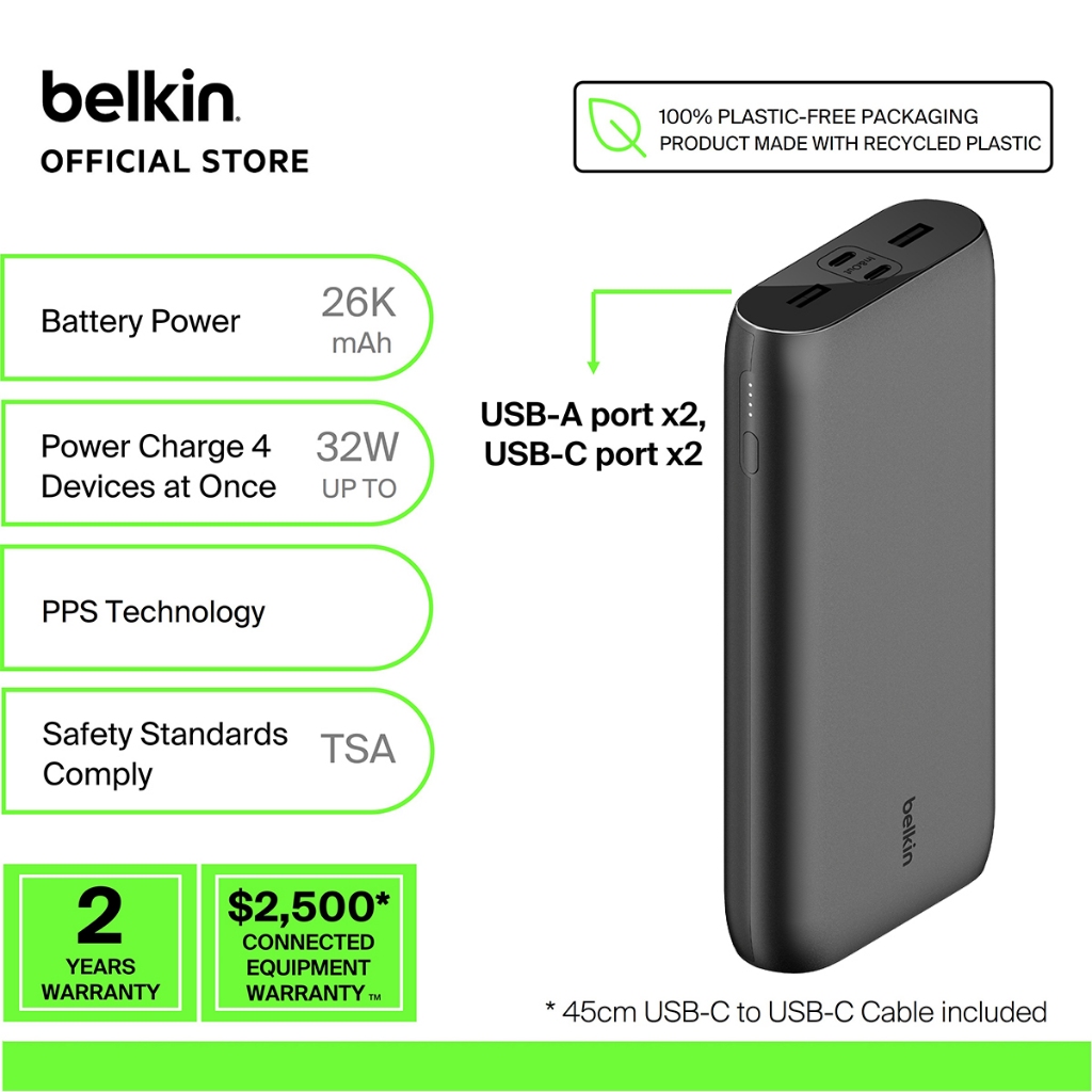 Belkin BPB016btBK BoostCharge 32W PD PPS 4-Port Power Bank 26K (Iphone ...