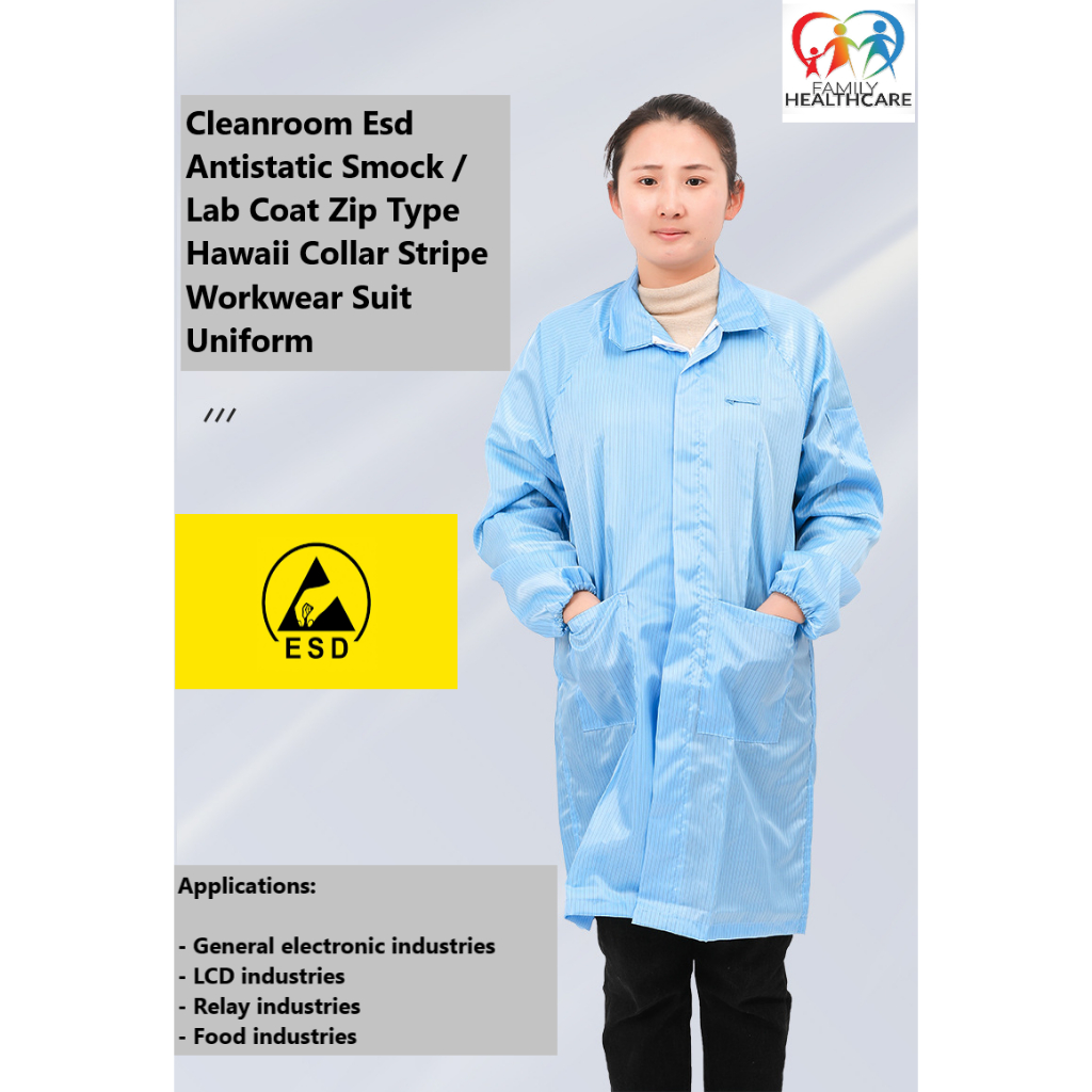 Cleanroom ESD antistatic Smock/ lab coat zip type hawaii collar stripe workwear suit uniform ...