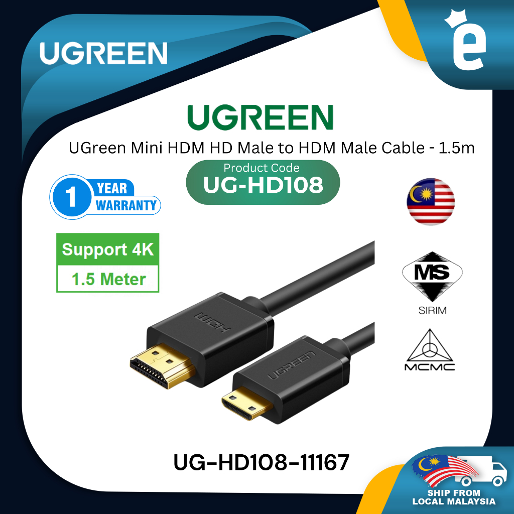 UGREEN MINI HDM HD MALE TO HDM HD MALE CABLE CONVETER ADAPTER WITH GOLD PLATED CONNECTOR - 1.5 ...