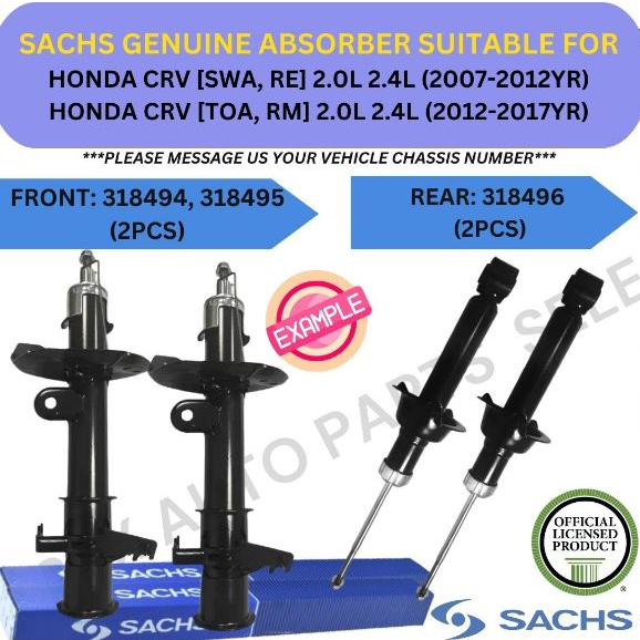 SACHS GENUINE ABSORBER (FRONT, REAR) FOR HONDA CRV [SWA, RE] '07-12YR / CRV [TOA, RM] '12-17YR ...