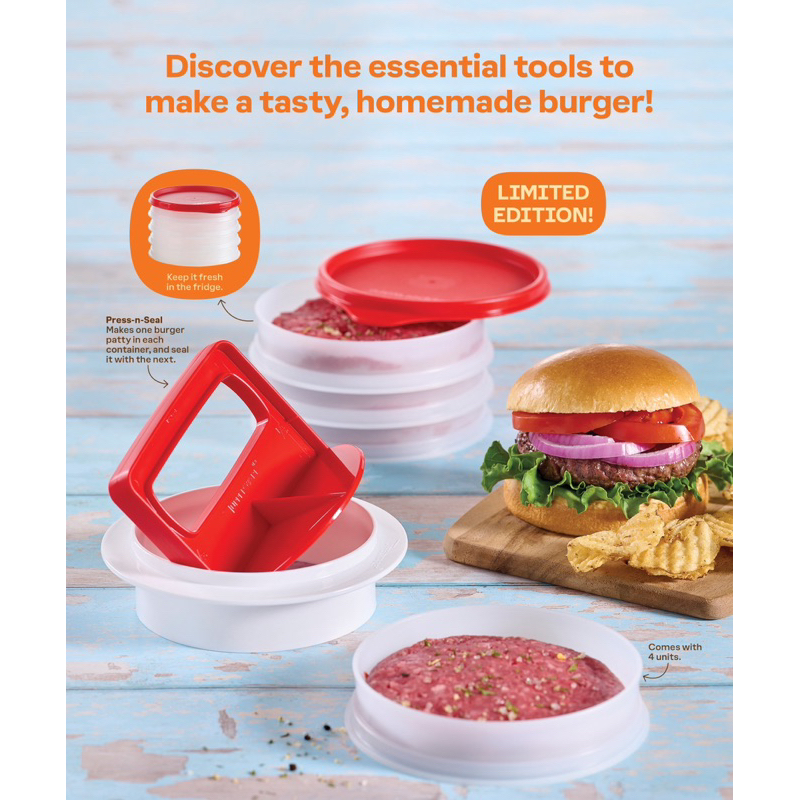 Tupperware Hamburger Press & Burger Patty Keeper Set Red colour new ...