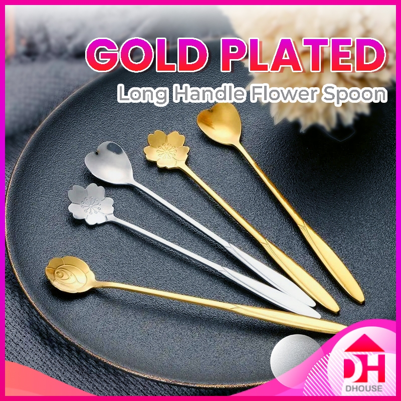 Gold Plated Stainless Steel Flower Spoon Long Handle Dessert Coffee Tea ...