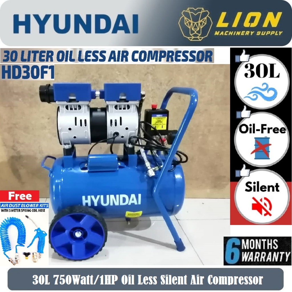 Hyundai 30L 1HP/750Watt 8Bar/120psi Oil Less & Silent Air Compressor ...