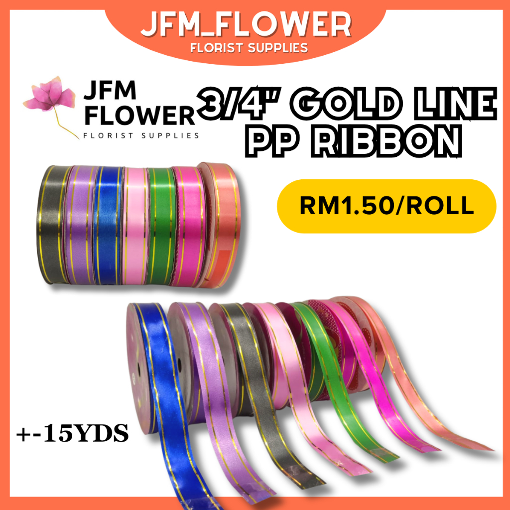 [RM1.50/ROLL] 3/4” 2CM Riben Plastic Gold Line/ PP Fancy Ribbon With ...