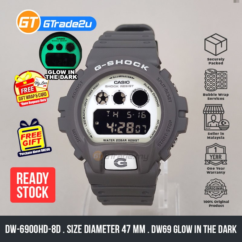 Original G Shock Men DW-6900HD-8D Digital DW69 Glow in The Dark Watch Grey Resin Fit Size S M L ...