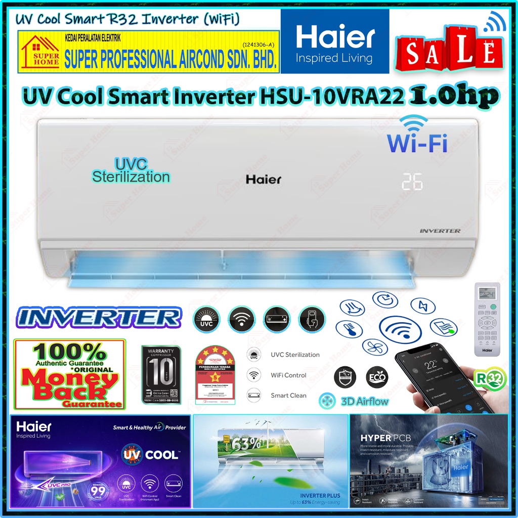 Haier 1.0hp Inverter Air Conditioner HSU-10VRA22 (WiFi) UV Cool Smart R32 5 Star Energy Rating ...