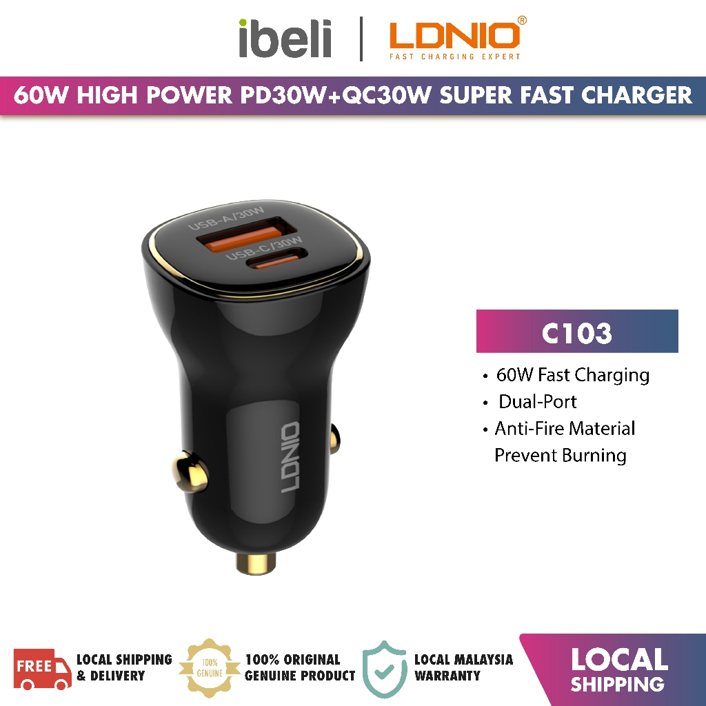 LDNIO C103 60W PD QC Super-Fast Car Charger PD30W + QC30W Support PD ...