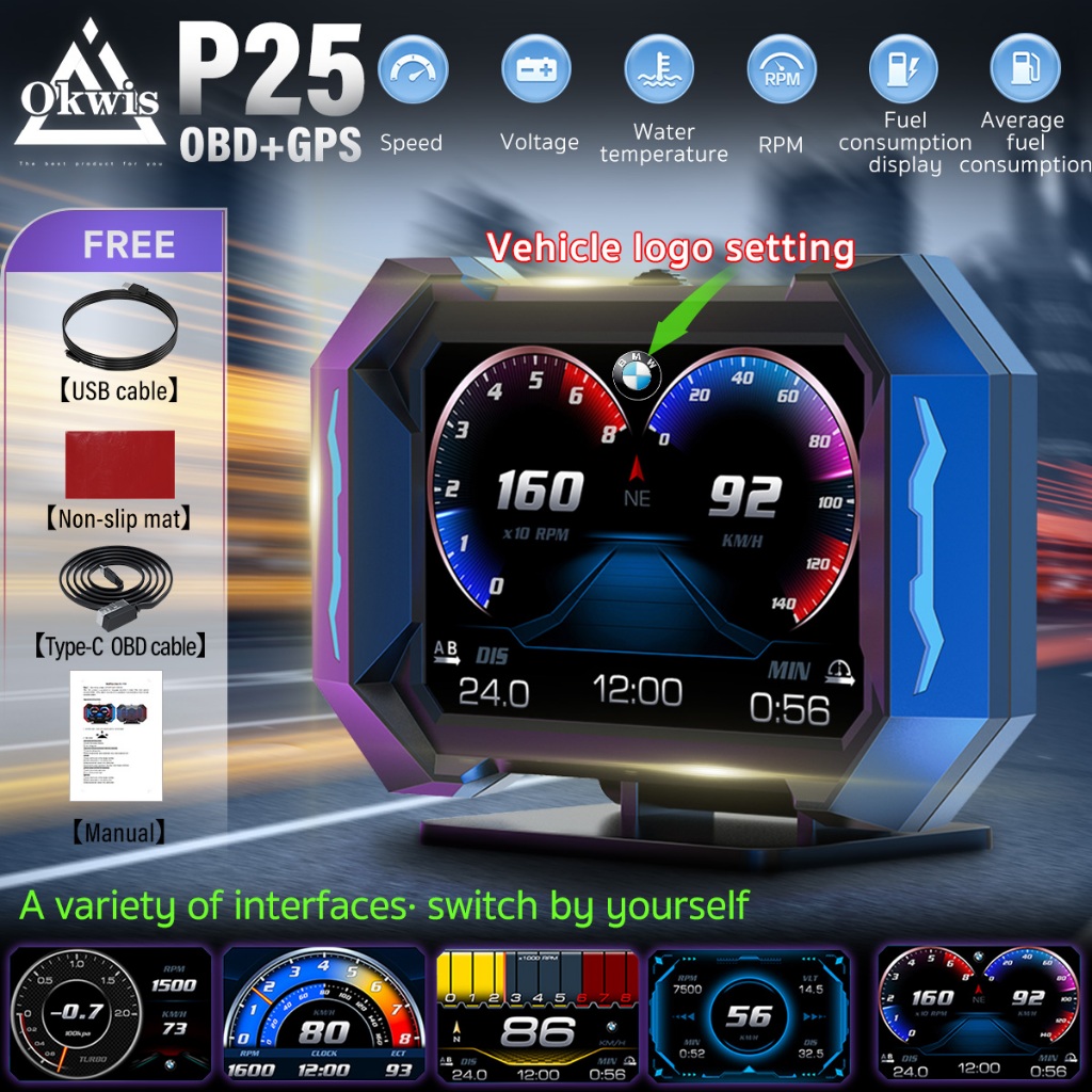 Okwis-P25 Car OBD OBD2 Meter Speedometer Gauge GPS HUD Water Temp Turbo ...