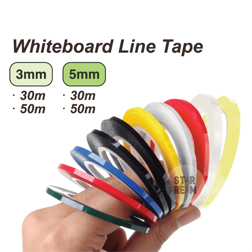 Stocks KL: 3mm/5mm Whiteboard Line Tape (30m/50m) Tape Halus/ Marking Tape/ Sticker Line/ Border ...