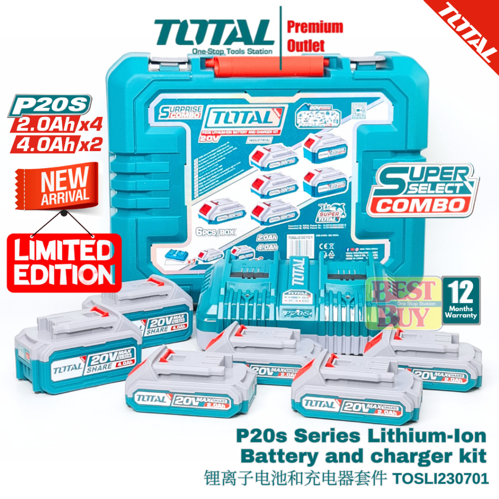 TOTAL Tools 20v 2.0Ah 4.0Ah P20s Series Li-Ion Battery & Charger kit ...