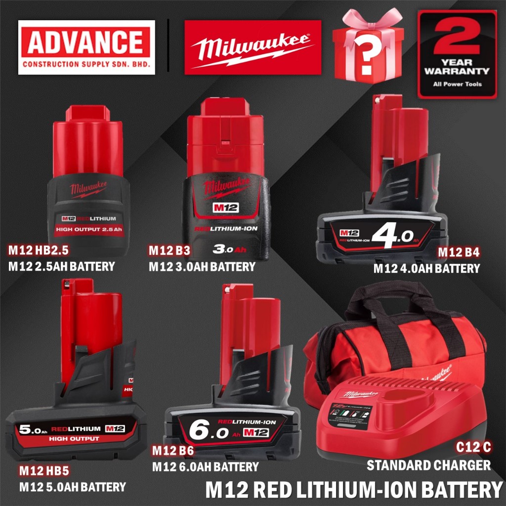 MILWAUKEE RED-LITHIUM™-ION M12 Battery 2.5Ah / 3.0Ah / 4.0Ah / 5.0Ah / 6.0Ah | Shopee Malaysia