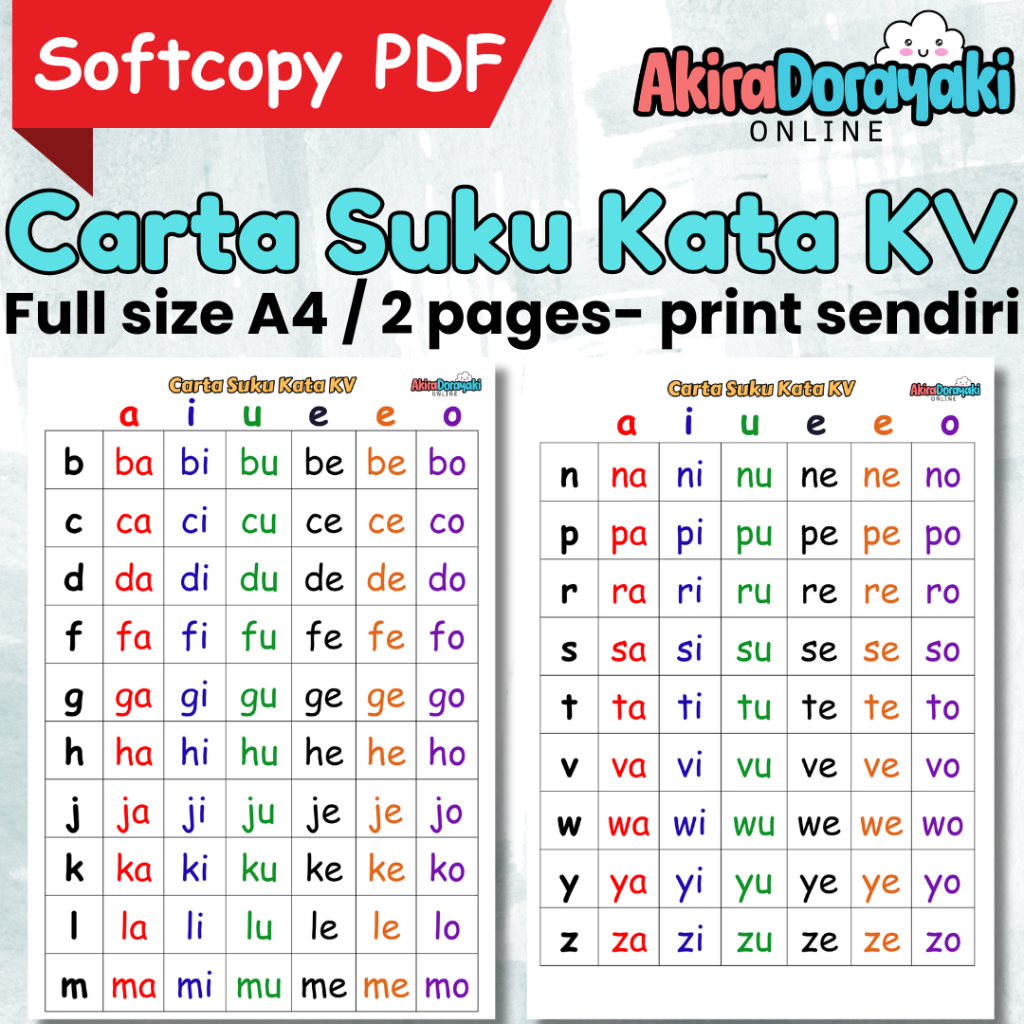 PDF [softcopy] Carta Suku Kata KV Bahasa Melayu print sendiri | Shopee Malaysia