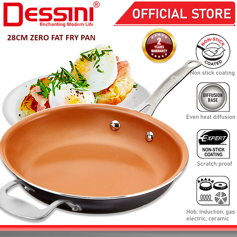 DESSINI ITALY Zero Fat 28CM Frying Pan Die Cast Aluminium Induction Non Stick Copper Pot Bowl ...