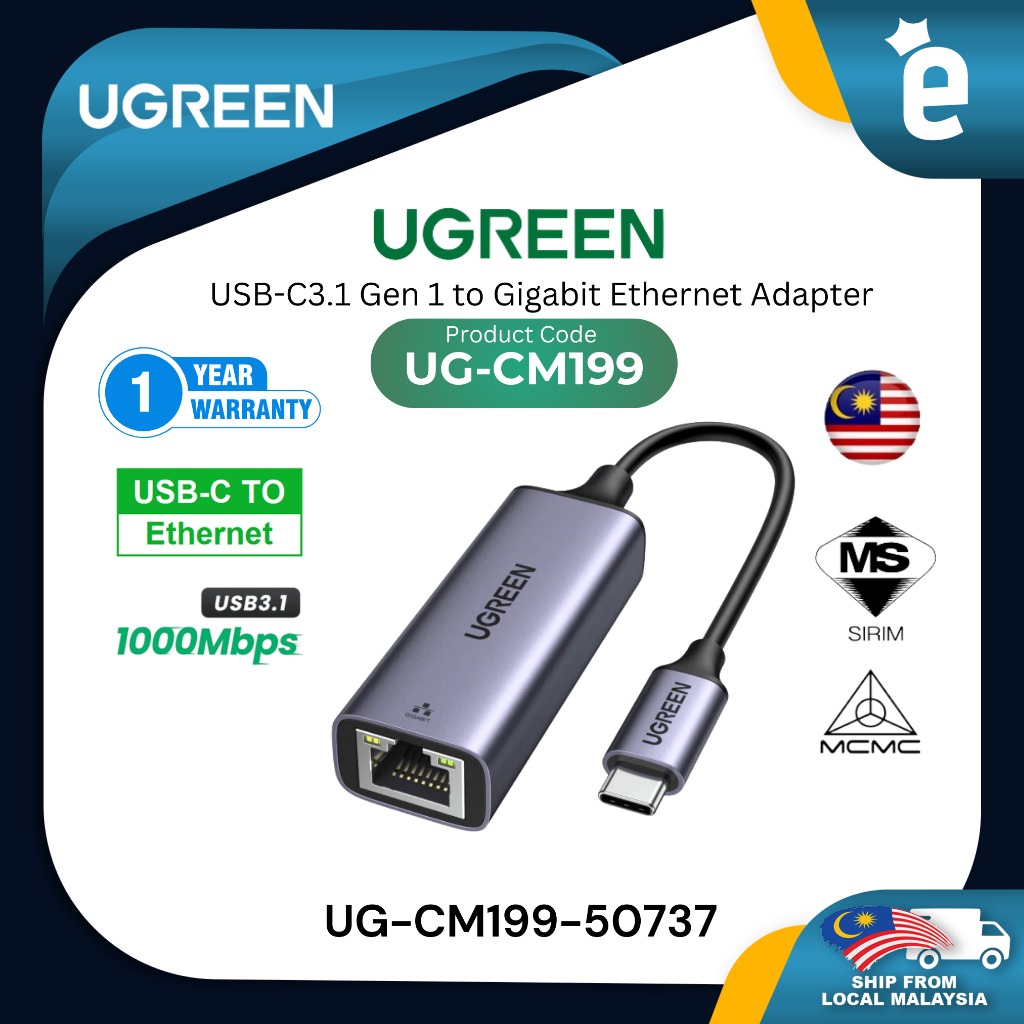 UGREEN CM199 USB-C 3.1 GEN 1 TO GIGABIT ETHERNET NETWORK ADAPTER CABLE ...