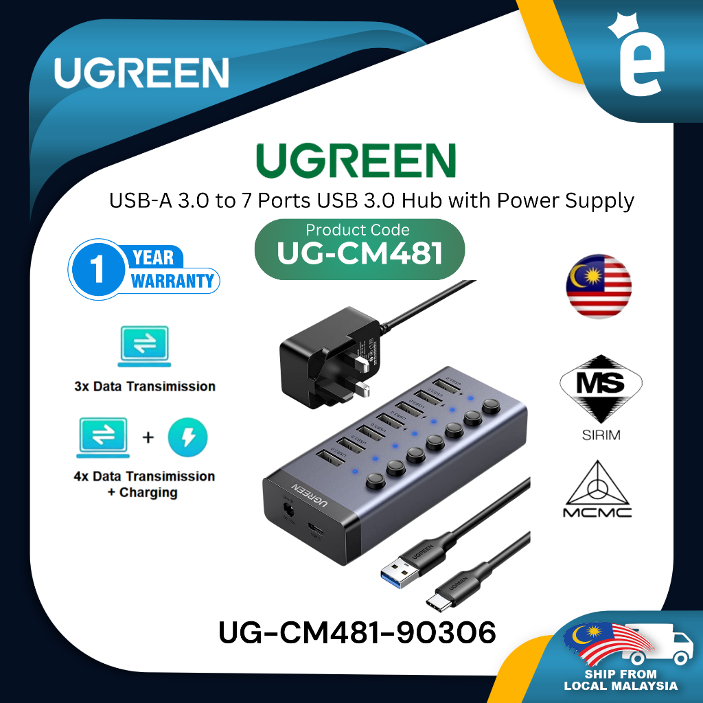 UGREEN CM481 USB-A 3.0 TO 7 PORTS USB HUB 3.0 7-PORT USB ADAPTER USB HUB WITH DC 12V2A POWER ...