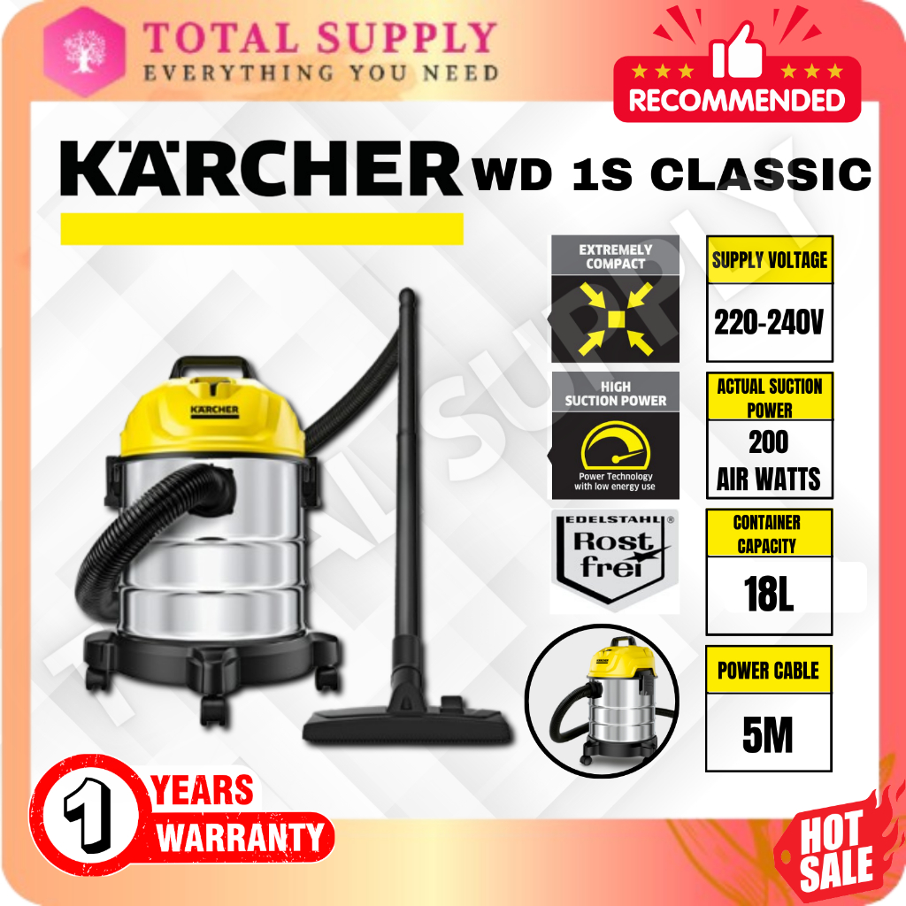 KARCHER WD1S CLASSIC WET AND DRY VACUUM CLEANER 1300w| 17L | STAINLESS STEEL TANK | Shopee Malaysia
