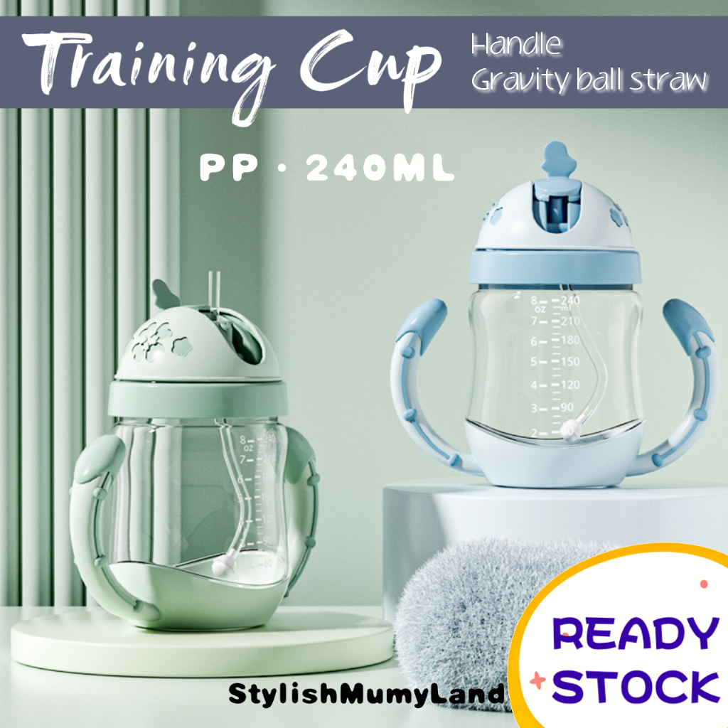 【Stylish】Kids Water Training Cup Gravity Ball Straw Handle 240ml PP ...