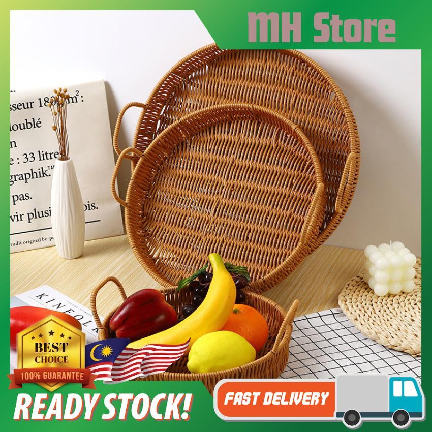 💯Readystock Portable Rattan Tray Weaving Food Tray with Handle Round ...
