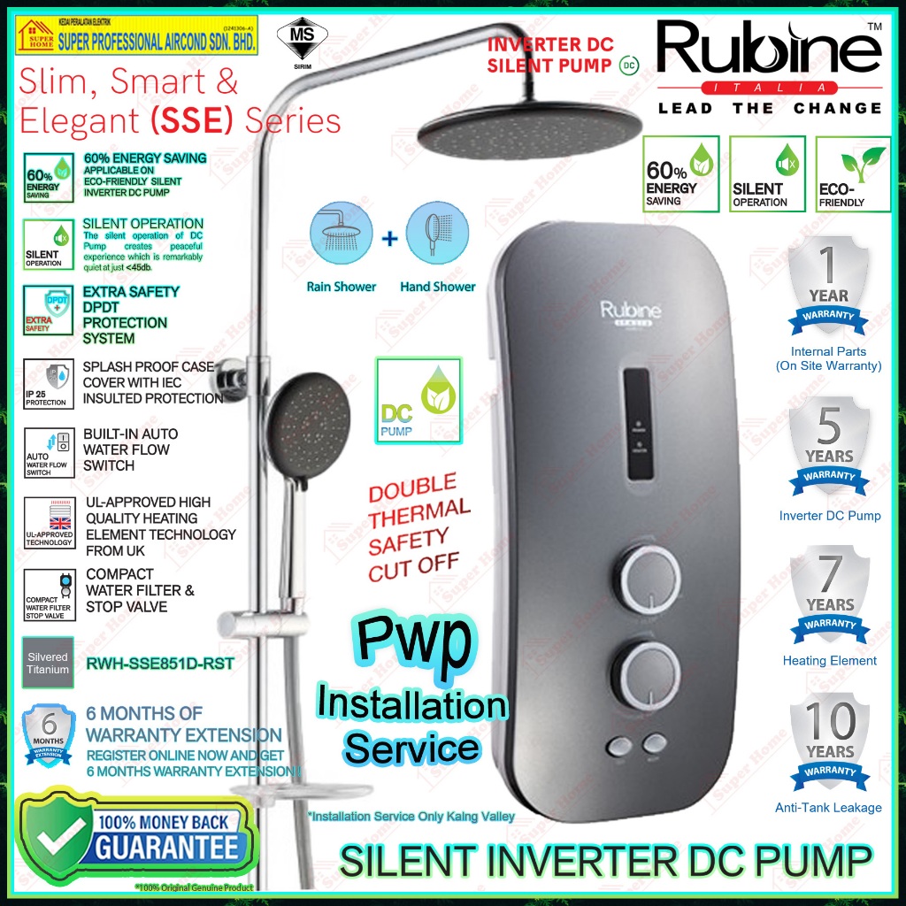 Rubine Water Heater RWH-SSE851D-RST (Silvered Titanium) Rain Shower DC ...