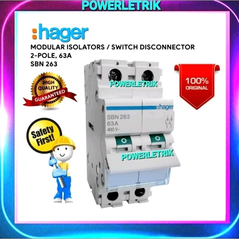 💯 ORIGINAL HAGER SBN263 2 POLE 63A ISOLATOR SWITCH DISCONNECTION 400V ...
