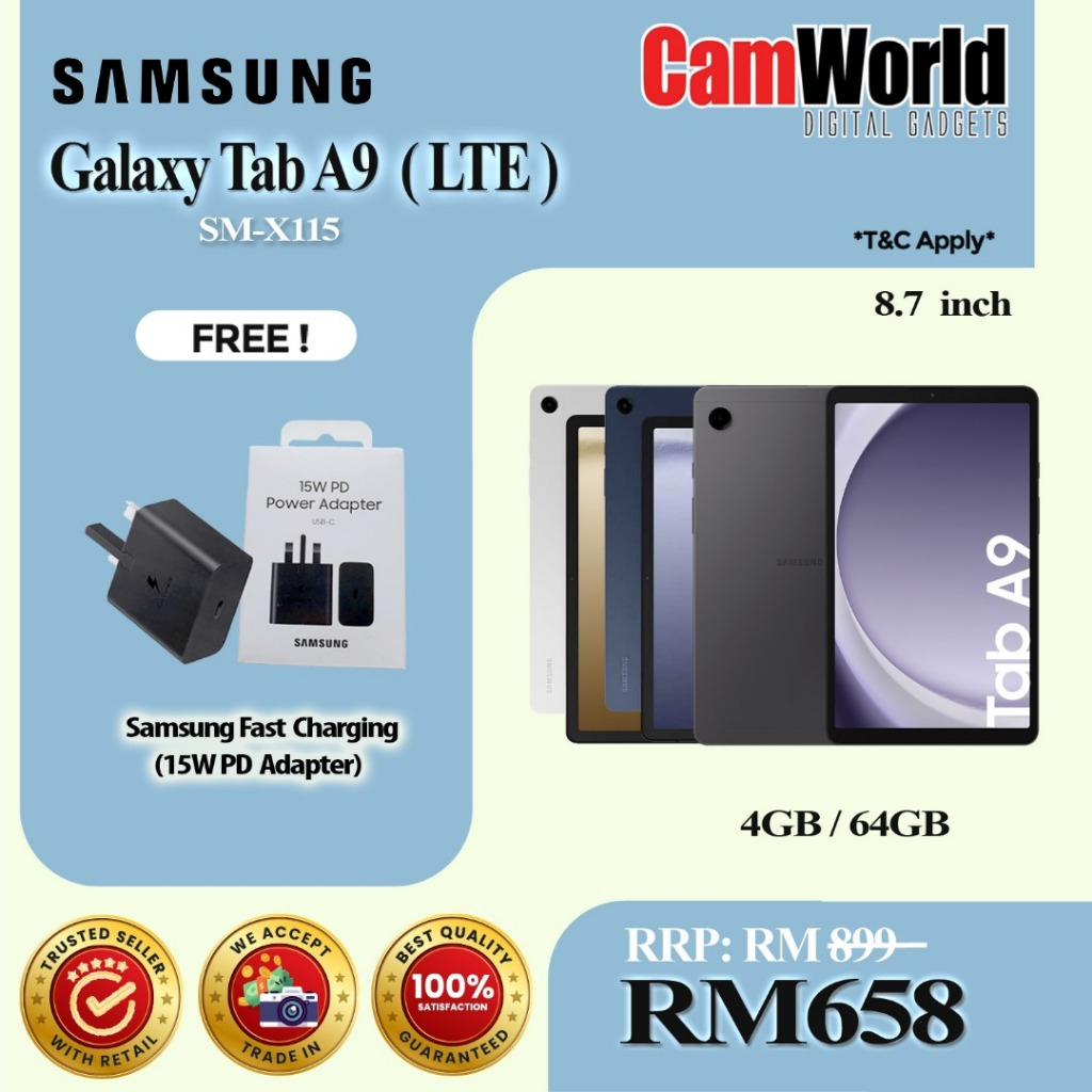 Samsung Galaxy Tab A9 LTE ( SM-X115 ) ( 4GB + 64GB ) With 15W Adapter ...