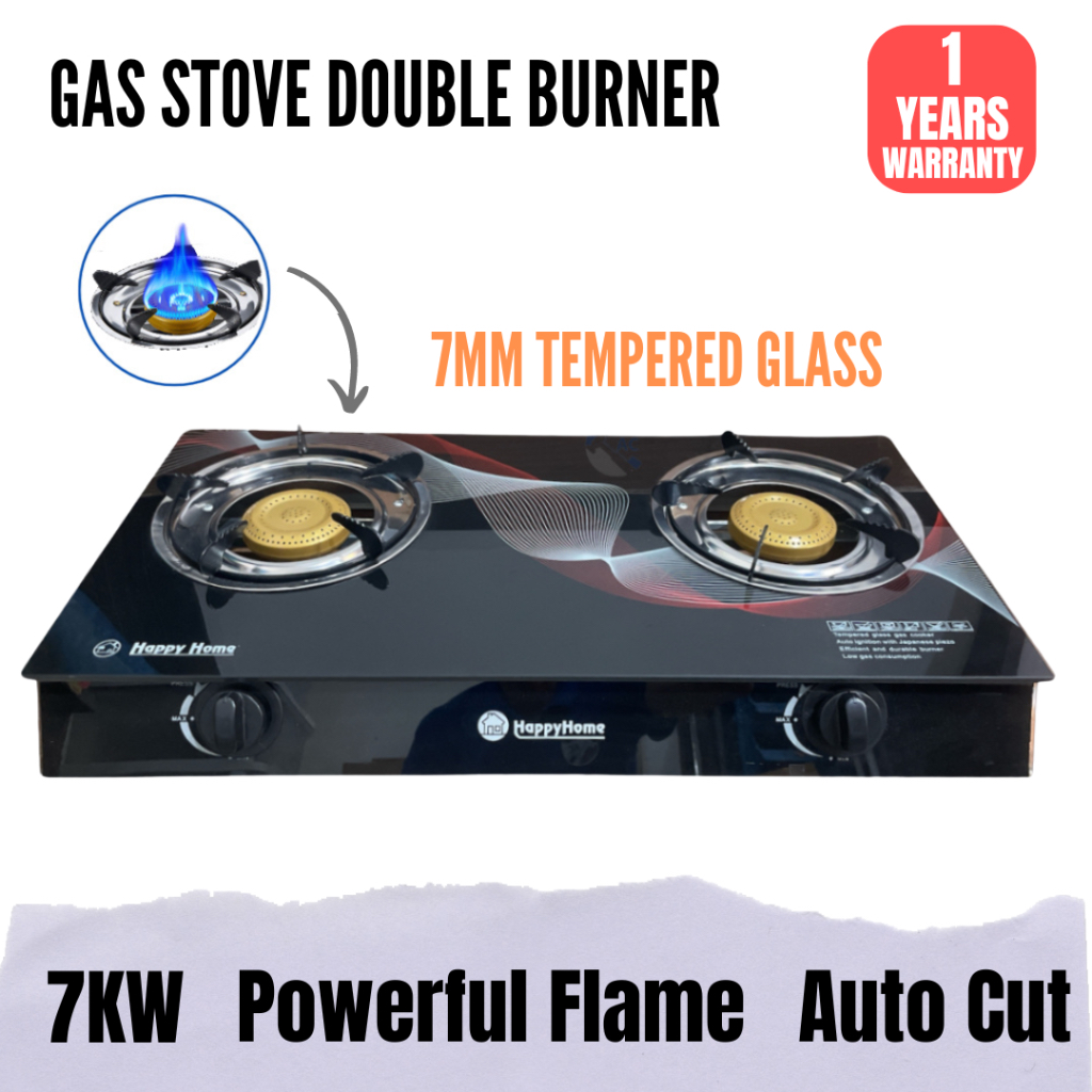 HAPPY HOME DOUBLE BURNERS GLASS TABLE TOP XMA GAS COOKER STOVE (XMA-828 ...